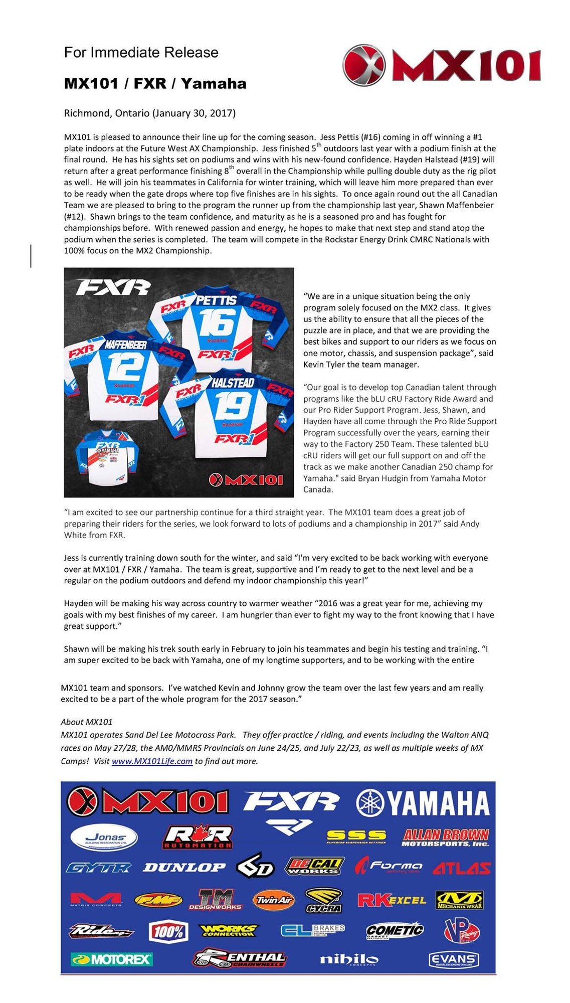 MX101 / FXR / Yamaha Announces 2017 Team Roster - Motocross Press ...